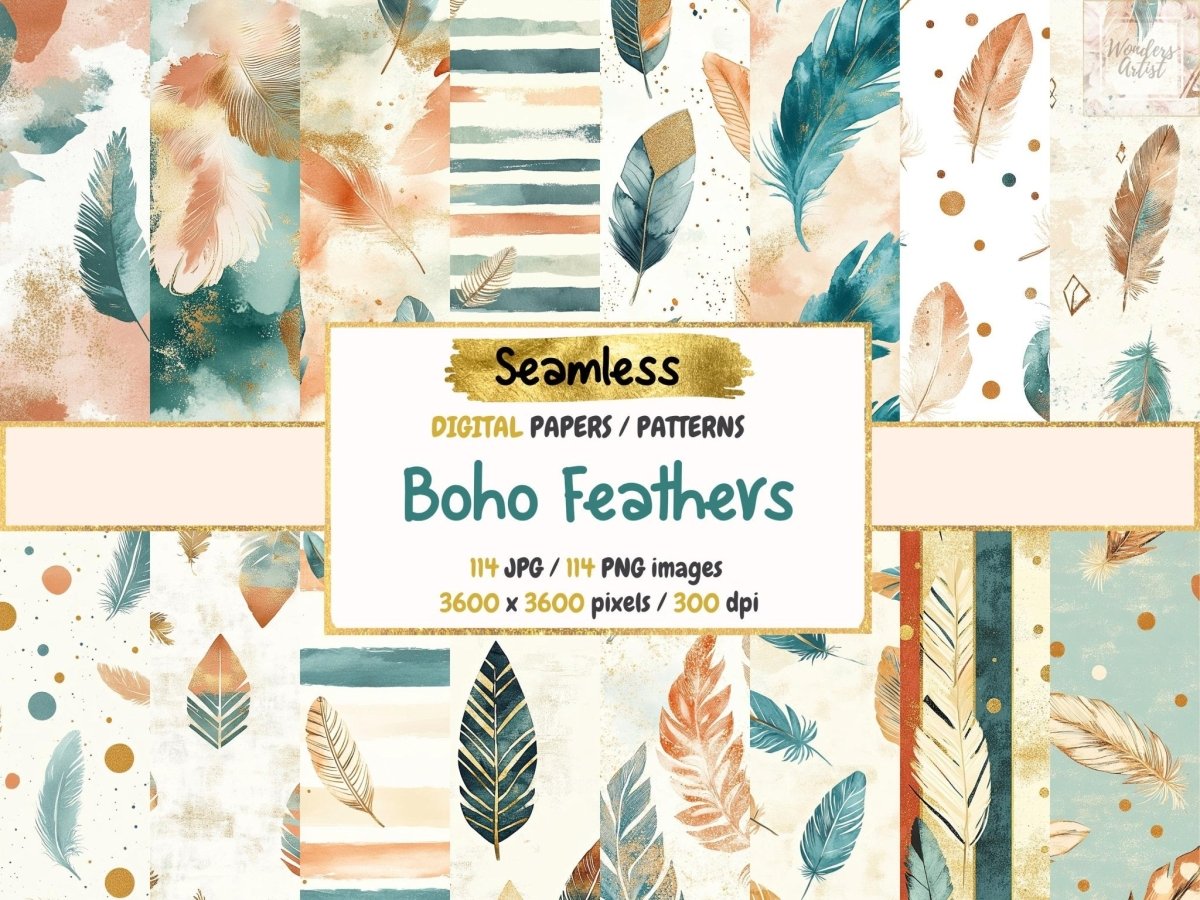 Boho Feathers Seamless Pattern Digital Papers - WondersArtist