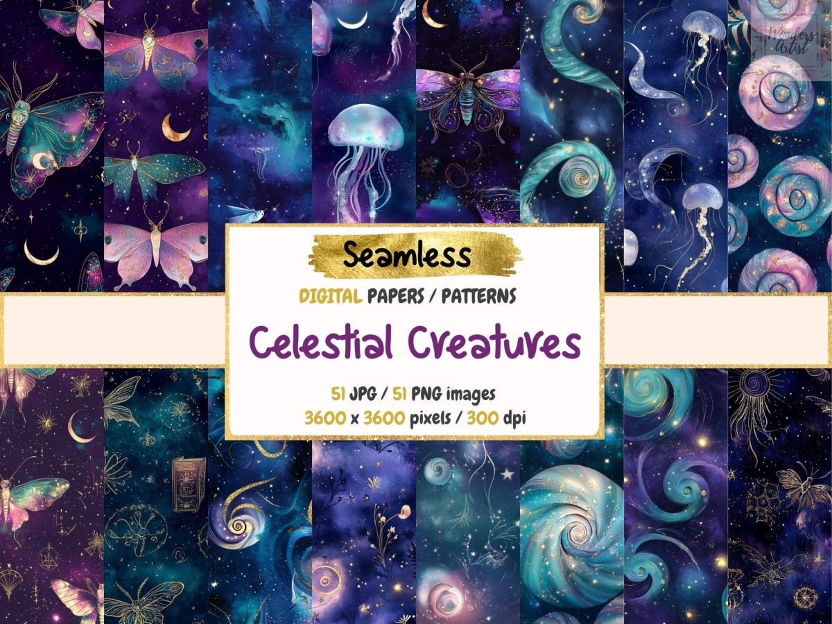 Celestial Creatures Seamless Pattern Digital Papers - Mystical Textures, Cosmic Printable Paper ...
