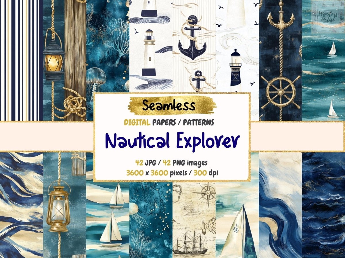 Nautical Exploration Seamless Pattern Digital Papers - WondersArtist ...