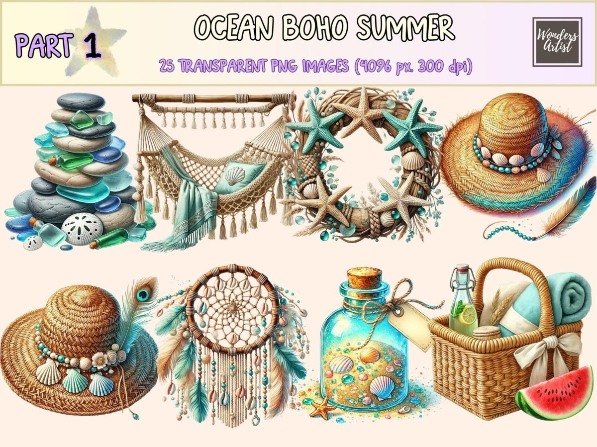 Ocean Boho Summer Clipart - 25 PNG Coastal Bohemian Graphics, Relaxing ...