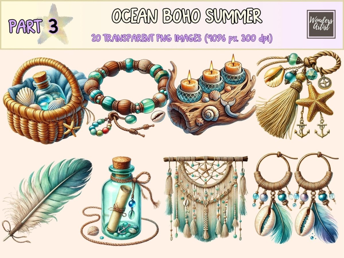 Ocean Boho Summer (P3) Clipart - 20 PNG Coastal Bohemian Graphics ...