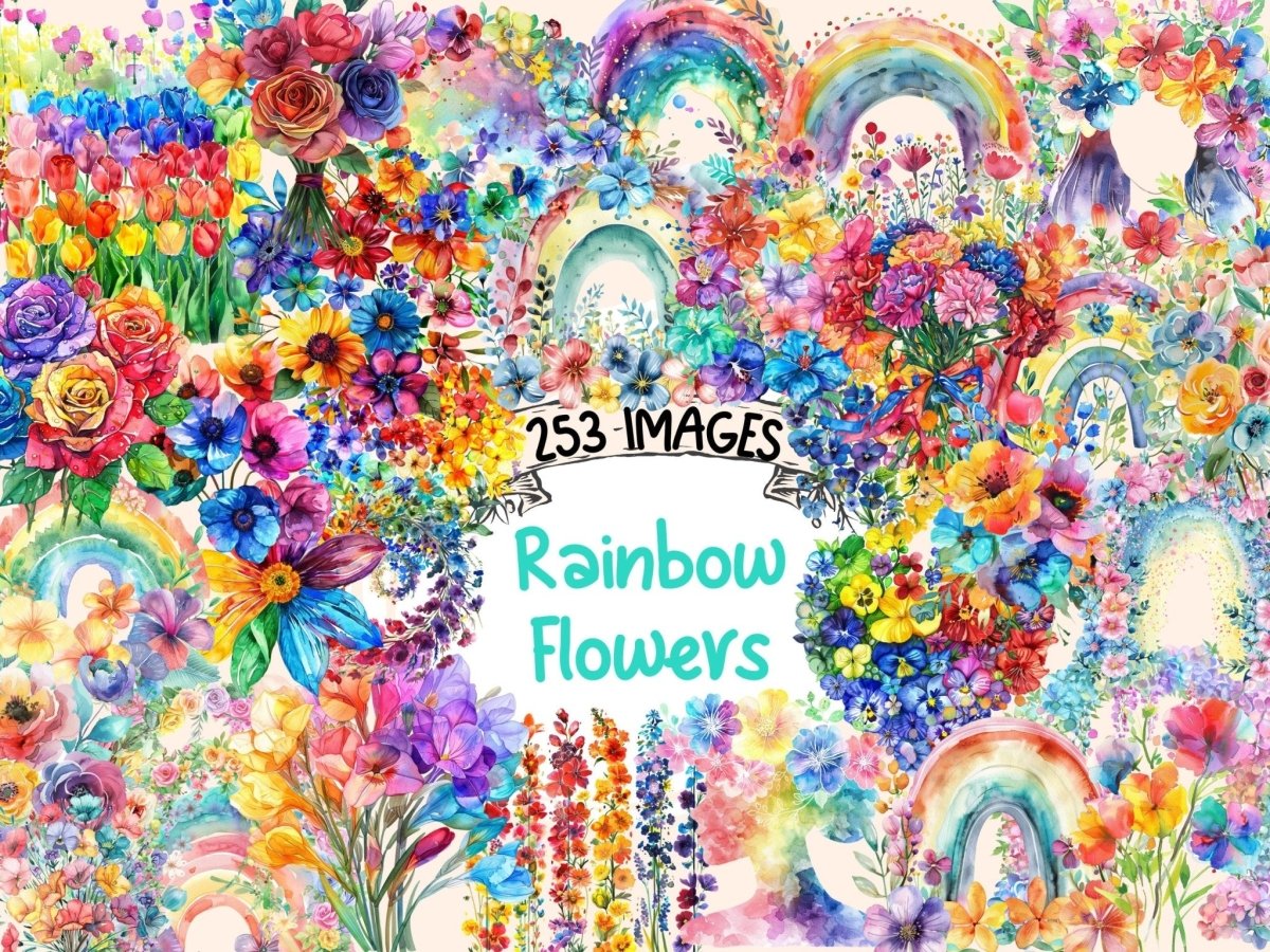 Rainbow Flowers Watercolor Clipart - Wonders Artist