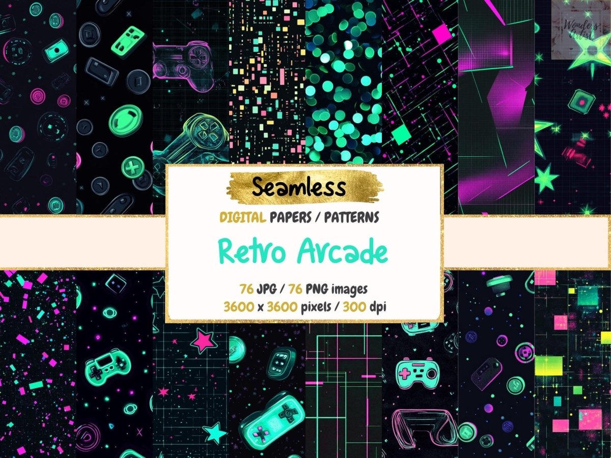 Retro Arcade Seamless Pattern Digital Papers - Neon Gaming Textures, Pixelated Printable Paper ...