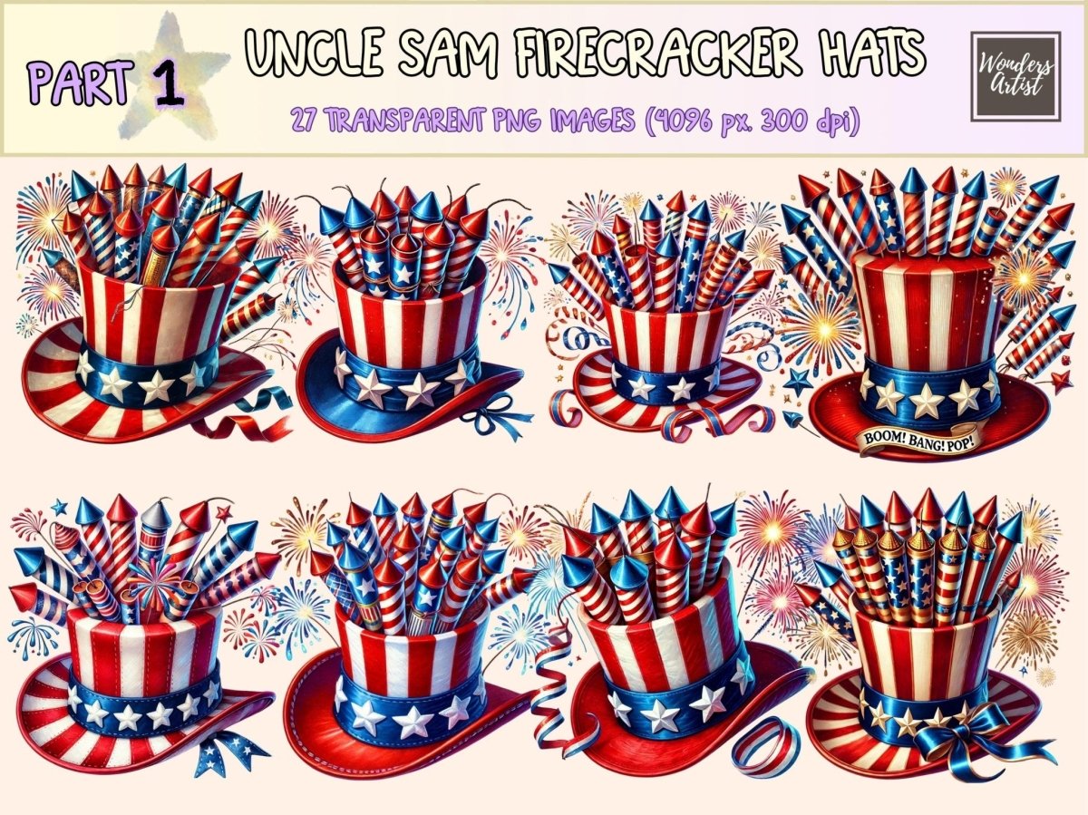 Uncle Sam Firecracker Hats Clipart - 27 PNG Patriotic USA Graphics, 4th ...