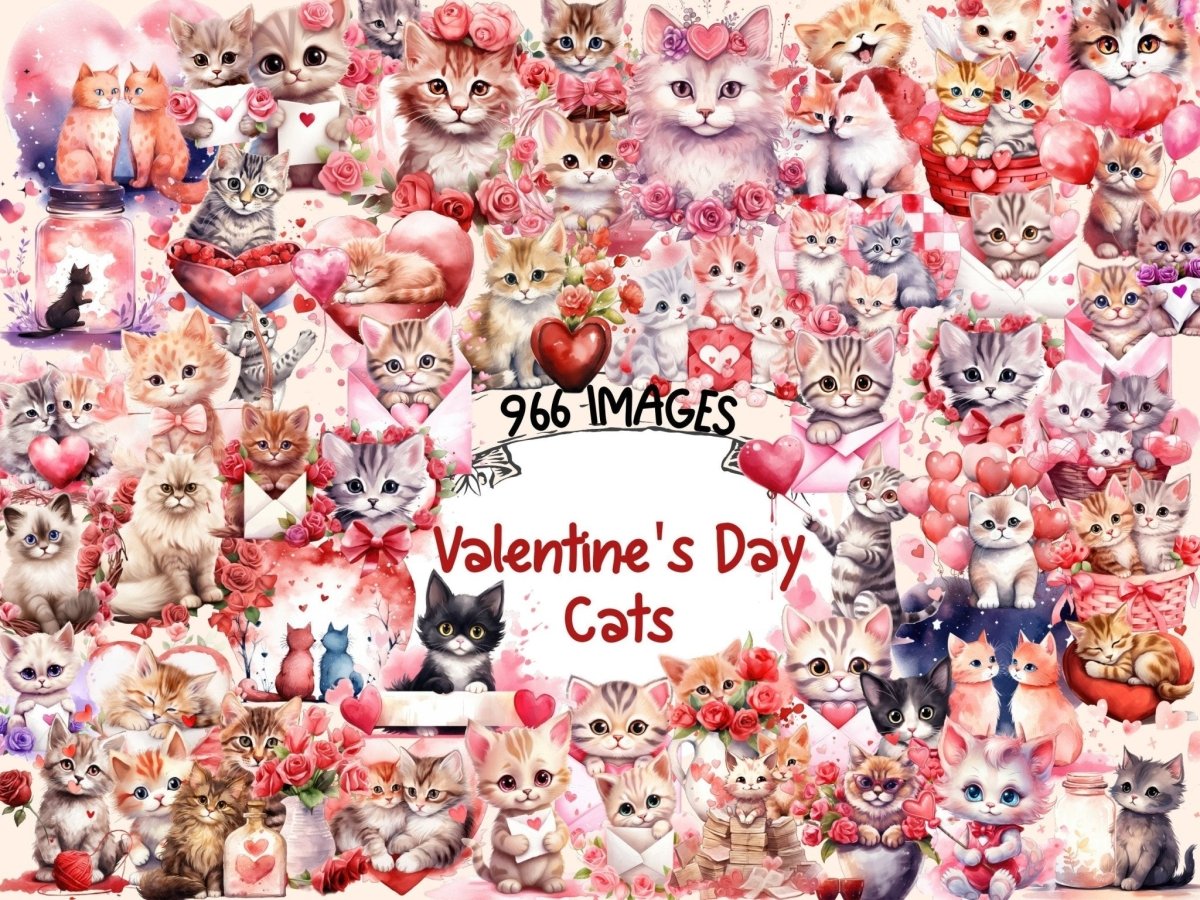 Valentine's Day Cats Watercolor Clipart - Wonders Artist