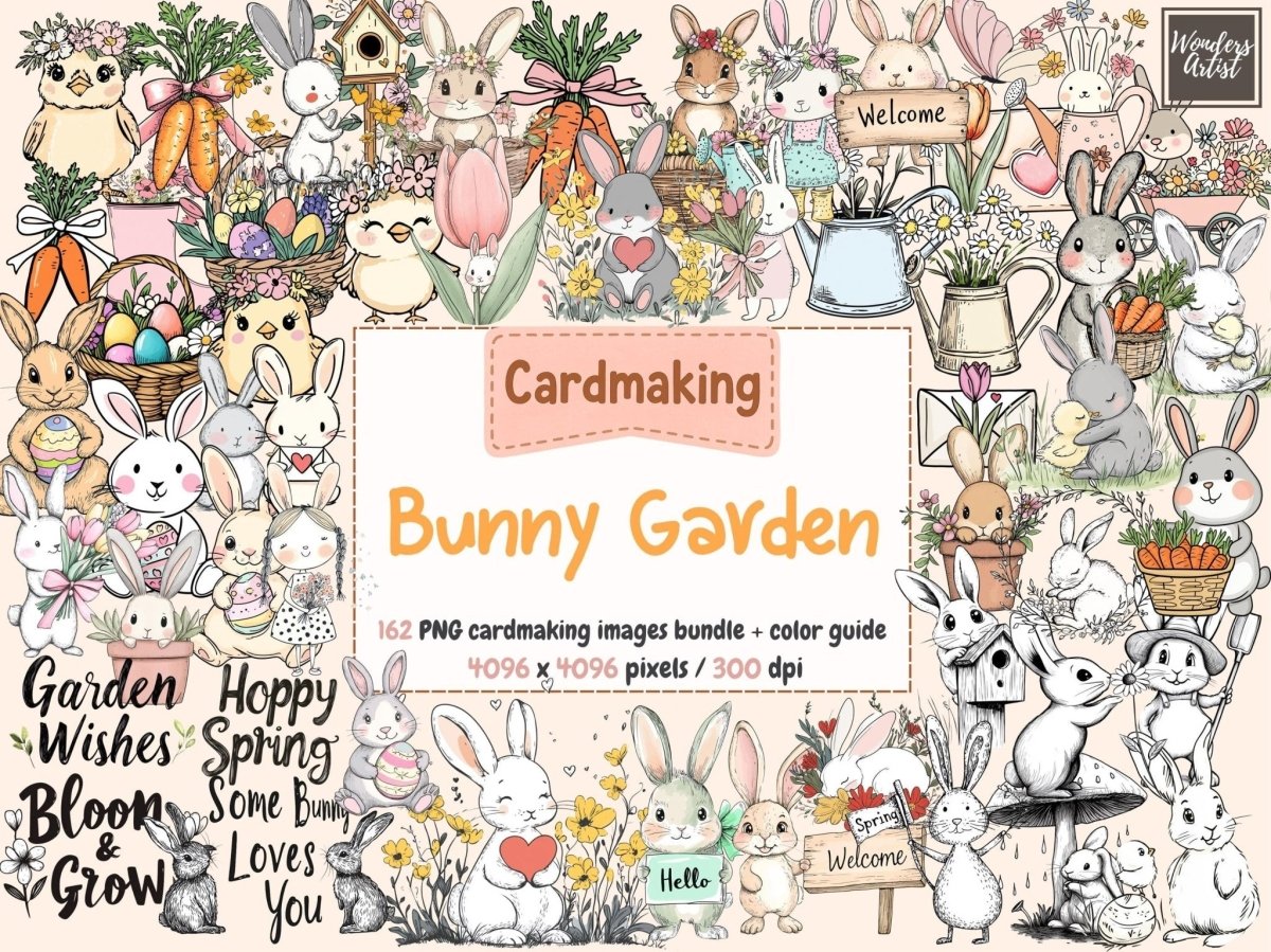 Bunny Garden Cardmaking Clipart - 162 PNG Spring Bunny Graphics, แบบ ...