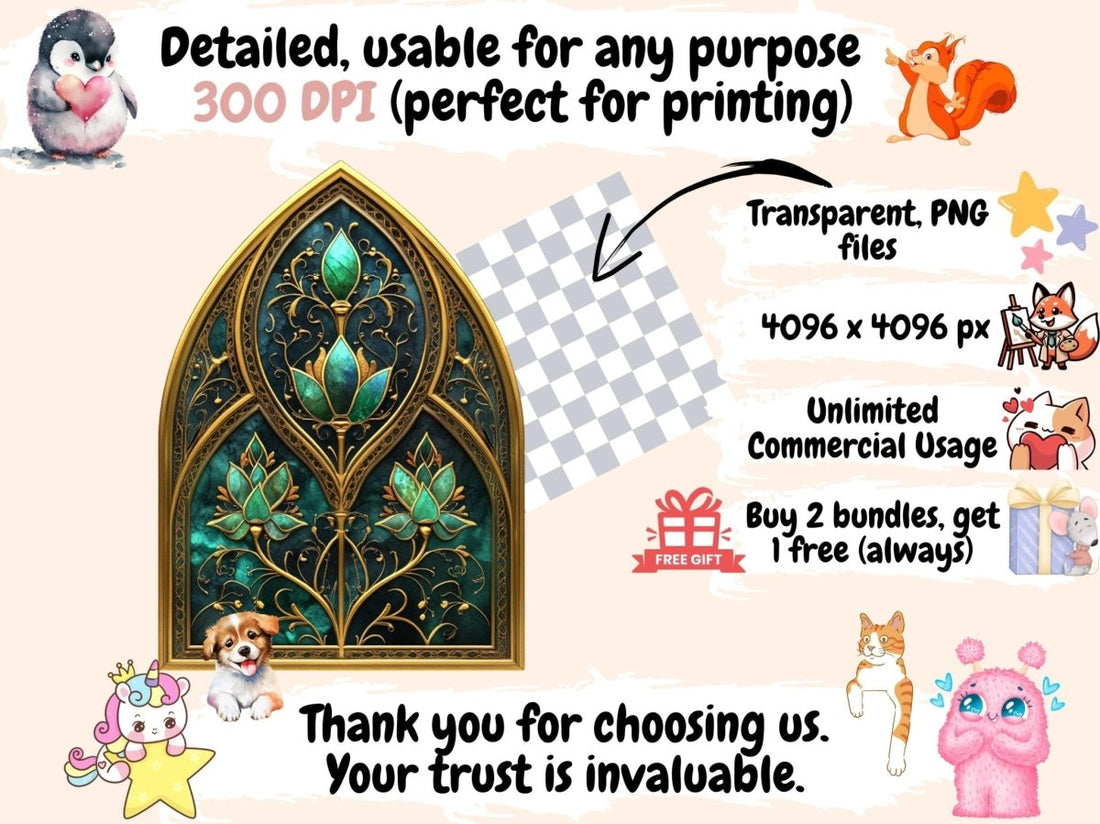 Emerald Stained Glass Watercolor Clipart - Wonders Artist
