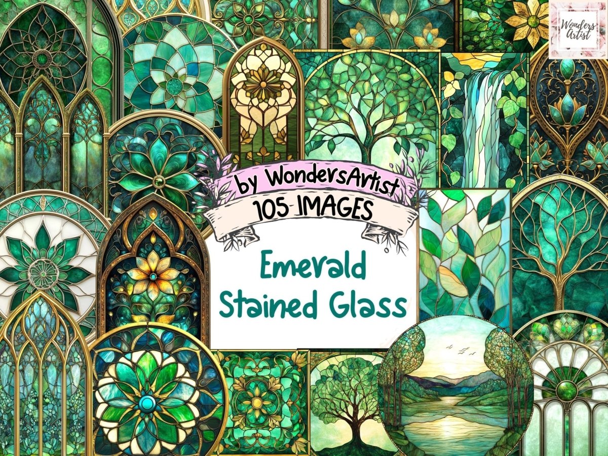 Emerald Stained Glass Watercolor Clipart - Wonders Artist