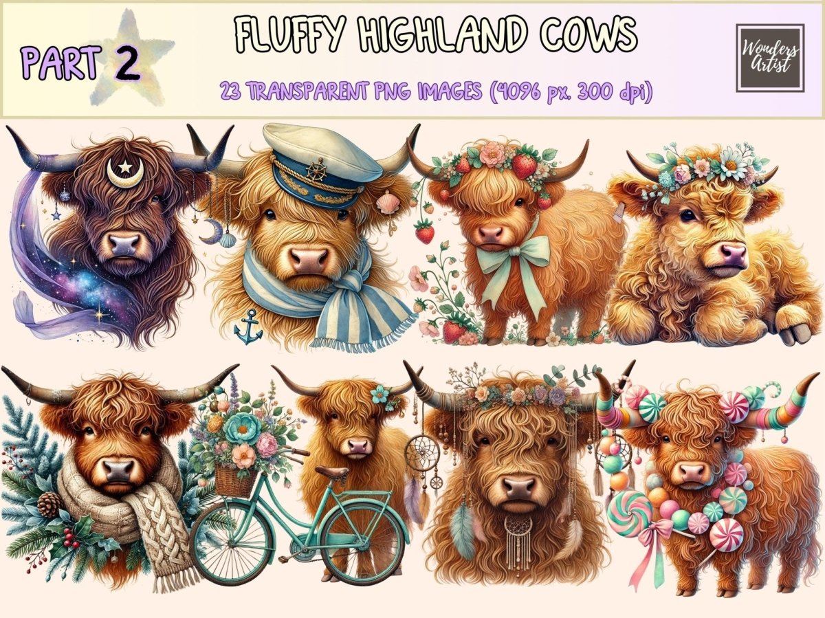 Fluffy Highland Cows (P2) Clipart - 23 PNG Cute Cow Graphics, Cozy Farm ...