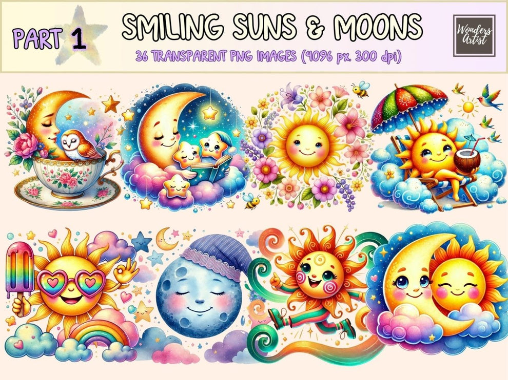 Smiling Suns & Moons Clipart - WondersArtist — WondersArtist