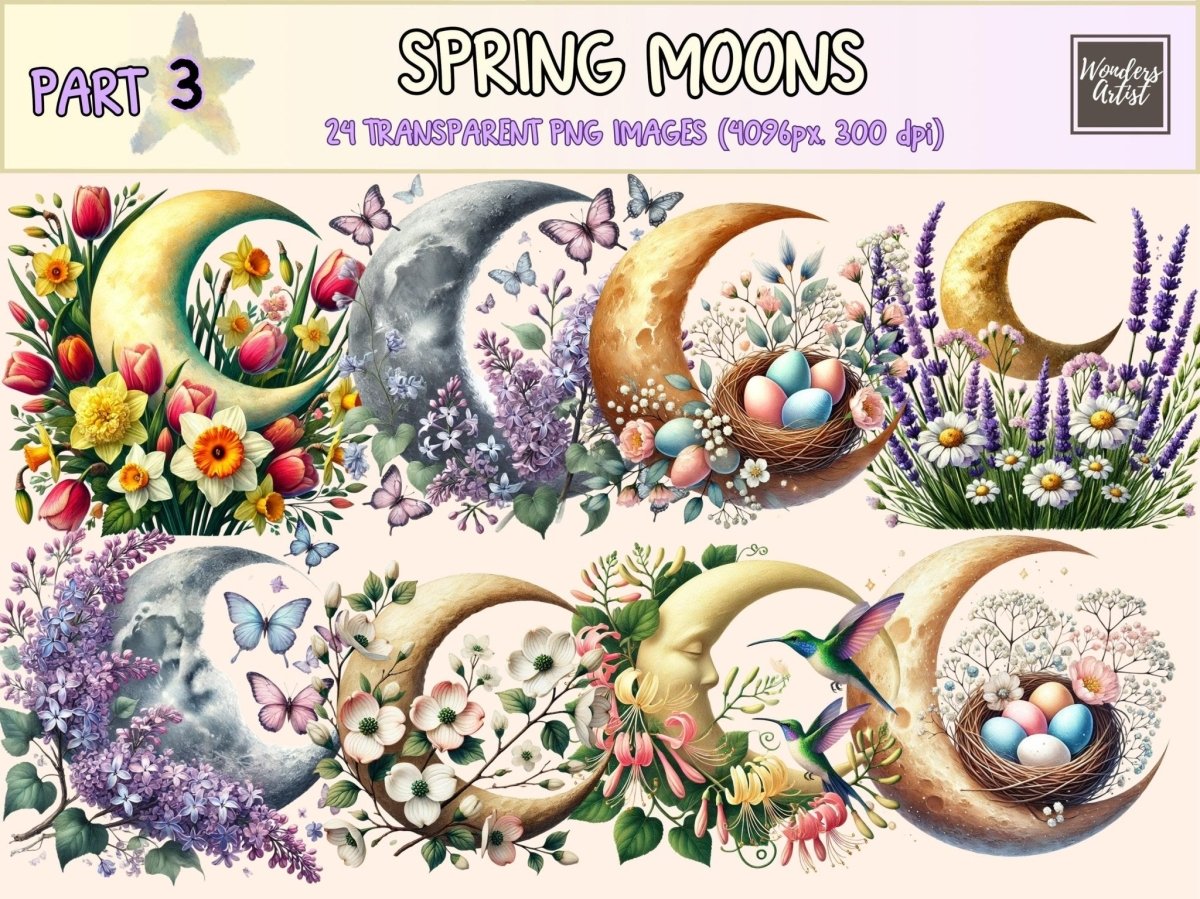 Spring Moons (P3) Clipart - 24 PNG Celestial Floral Graphics, Pastel ...