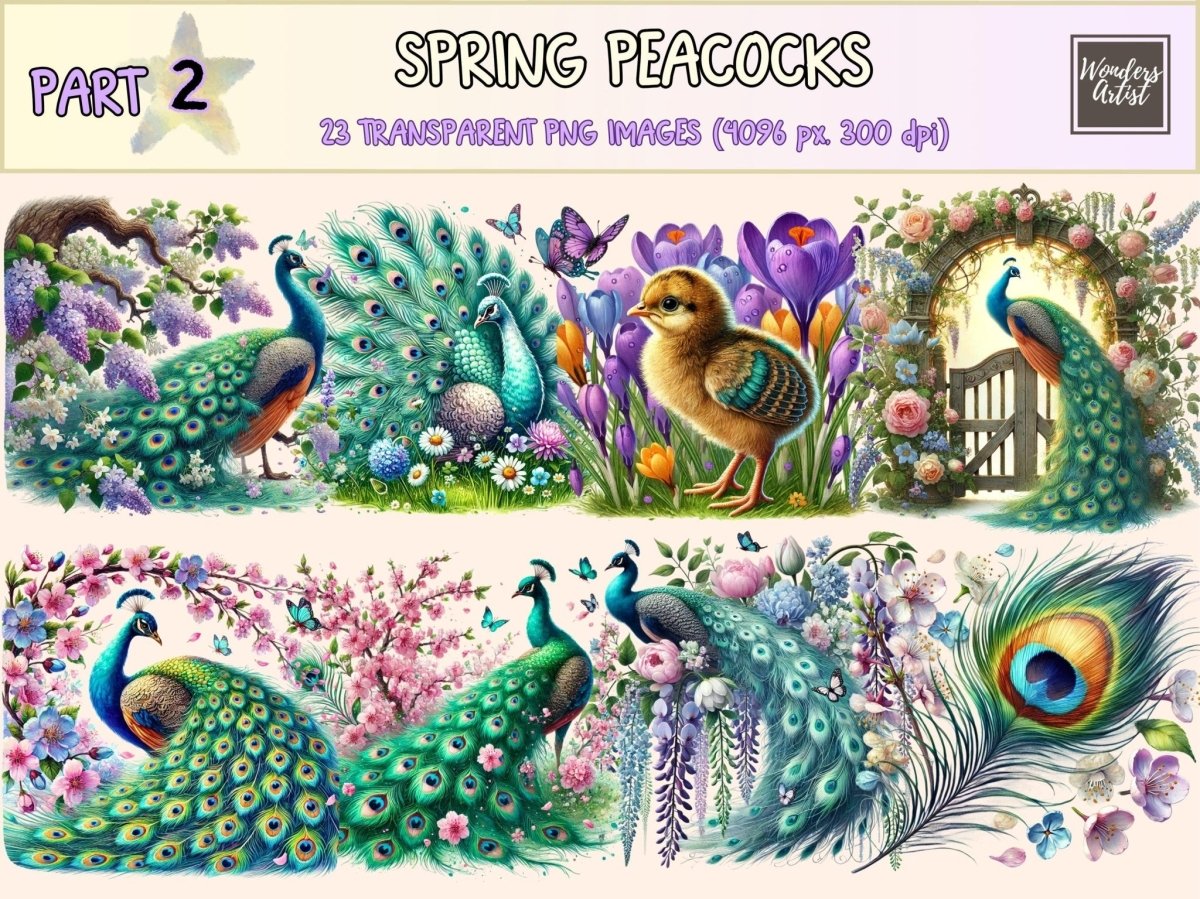 Spring Peacocks (P2) Clipart - WondersArtist