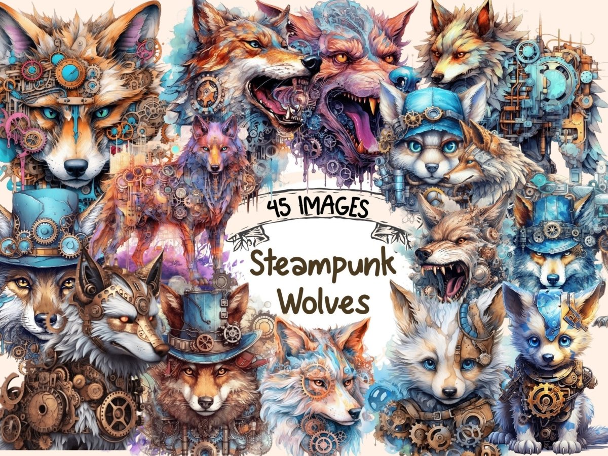 Steampunk Wolves Watercolor Clipart - Wonders Artist